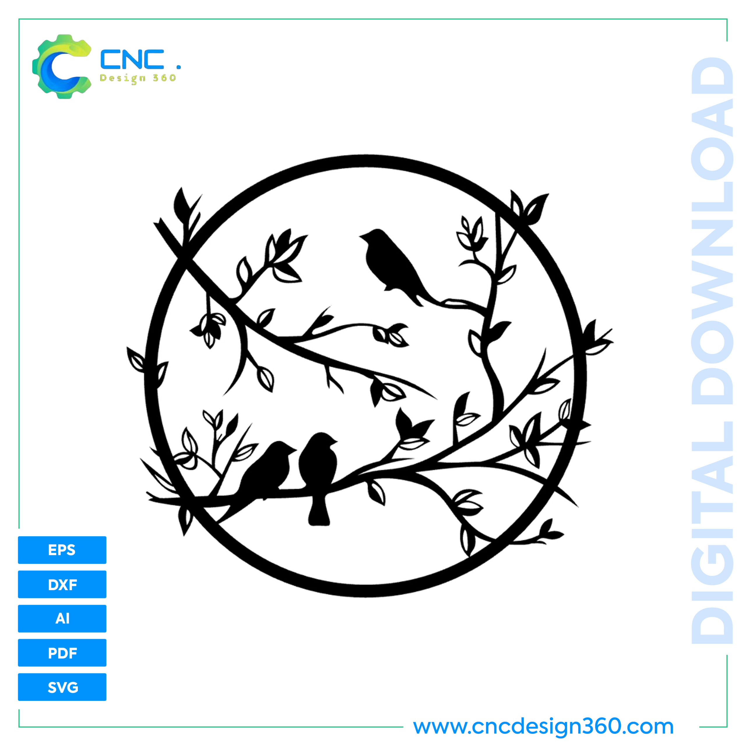 Sparrows on Tree Branch Circular Wall Art Design | CNC Laser Cut File ...